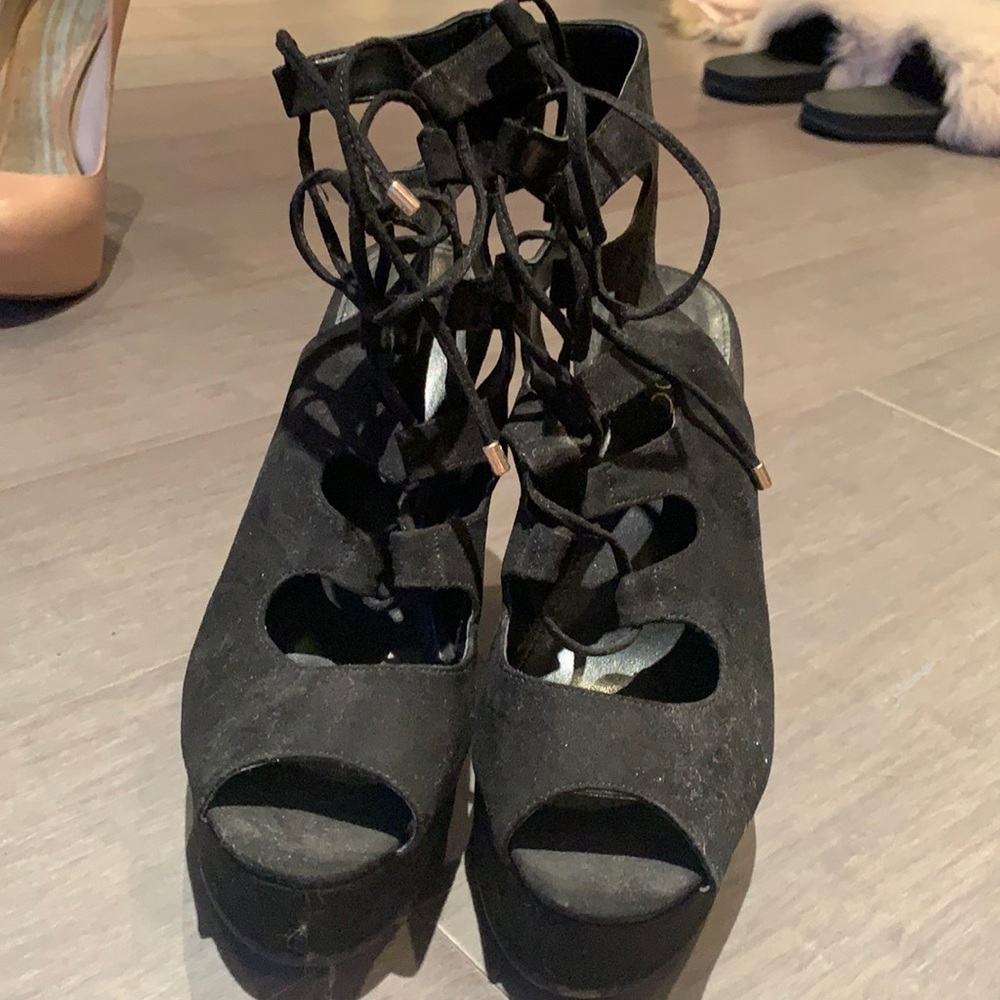 Black Gladiators, Aldo Wedge Platform Shoes - Gem